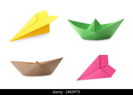 Collage with many paper planes on white background. Origami art Stock ...