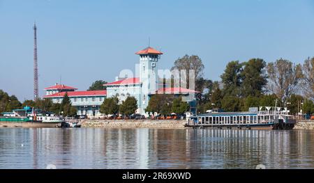 Giurgiu port view with administrative buildings at the coast of Danube ...