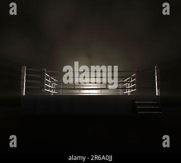 A modern boxing ring with opposing blue and red corners backlit by a ...