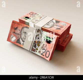 A stack of bundled australia dollar banknotes on an isolated light ...