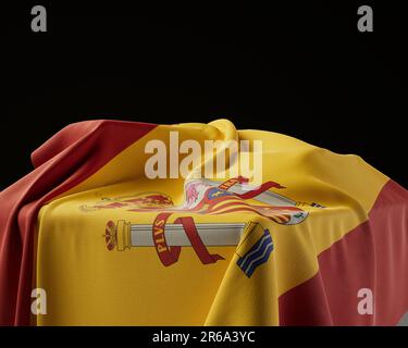 A spain flag draped over a stone plinth on an isolated dark studio ...
