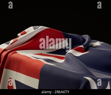 A australia flag draped over a stone plinth on an isolated dark studio ...