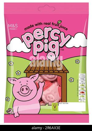 Packet of Marks & Spencer Percy Pig biscuits undone to show contents set on white background ...