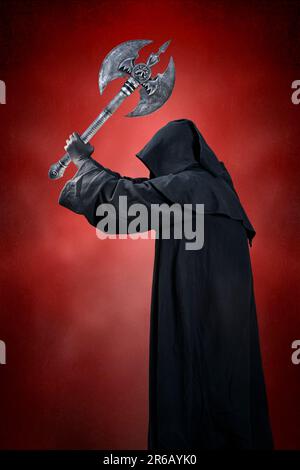 Dark knight with double headed battle axe over dark red misty ...