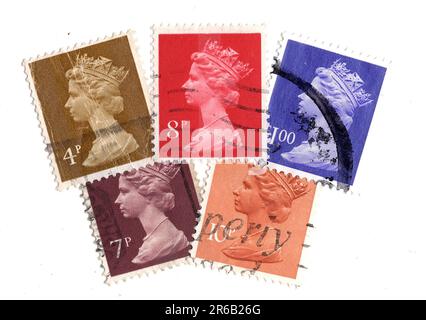 A montage of multi coloured vintage postage stamps from the United ...