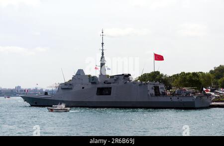 French Navy Aquitaine class frigate FS Languedoc (D653) carrying a NH90 ...