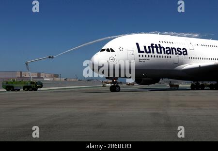 Lufthansa Airbus A380 double-decker widebody passenger jet plane, often ...