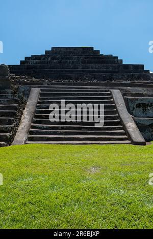 Steps of Mayan Pyramid in Tazumal Site with Green Grass and Blue Sky ...