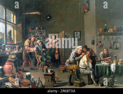 Medicine, Anatomy, Surgery, Two surgeons treat two seated male patients ...