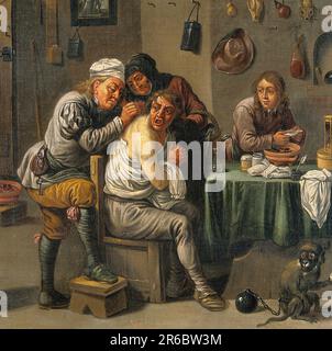 Medicine, Anatomy, Surgery, Two surgeons treat two seated male patients ...