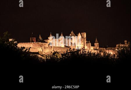 Spectacular Illuminated Ancient Fortress Of Medieval City Carcassonne ...