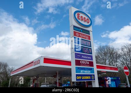 London- March 2023: Esso fuel station in north London- fuel retailer and trading name for ...