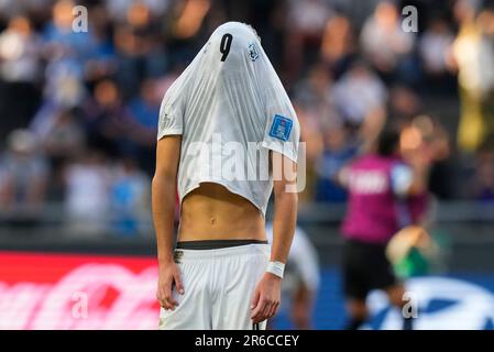 Israel's Dor Turgeman reacts after after losing to Uruguay at the end ...