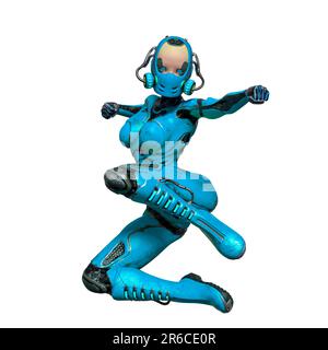 gynoid is the super fembot is doing a comic action pose in white ...