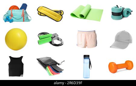Elastic bands, dumbbells and skipping rope on color background Stock ...