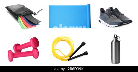 Elastic bands, dumbbells, skipping rope and fitness expander on color ...