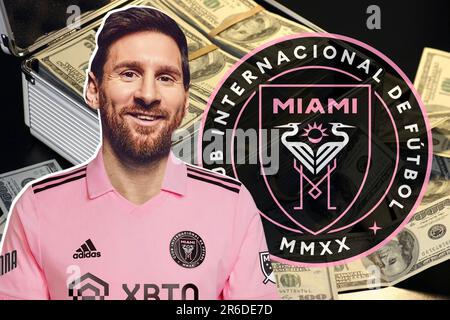 Lionel Messi with the Inter Miami jersey, the team and MLS shields and ...