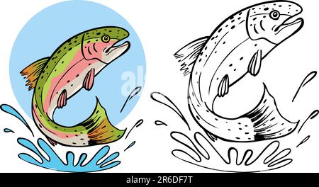 A cartoon image of a fish splashing in the water - both color and black ...