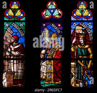 Multi Colored Medieval Era Stained Glass Panels Depicting Clergy
