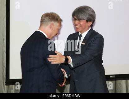Founder and CEO of Prologium Vincent Yang delivers a speech during a ...