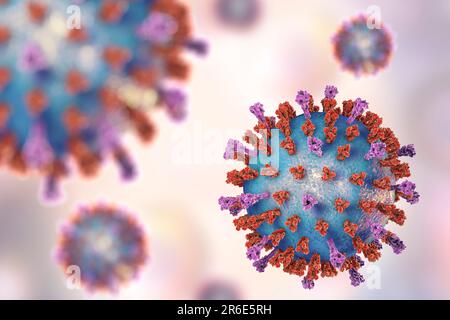 Respiratory syncytial virus (RSV) particles, computor illustration ...