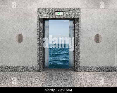 An office elevator-vacation concept: Stark elevator doors open to ...