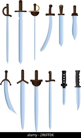 Sharp metal sword with wooden hilt pointing upwards on white background ...