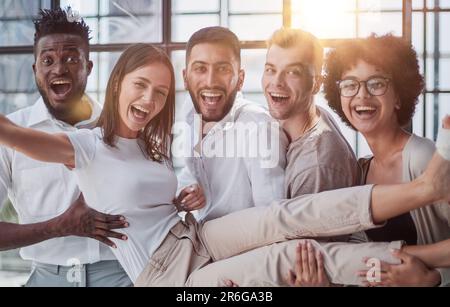 Job promotion celebration, winning prize, success in work or goal ...