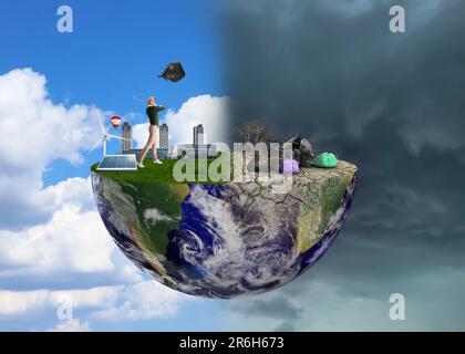 Environmental pollution. Collage divided into clean and contaminated ...