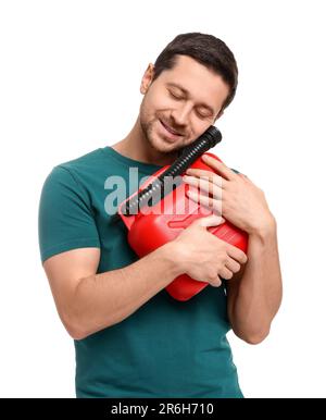 Man holding red canister on white background Stock Photo - Alamy