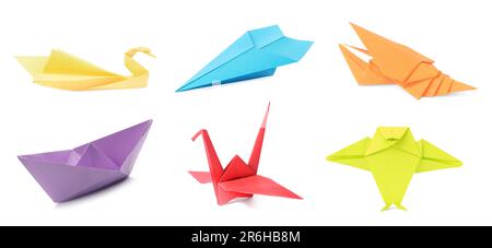Collage with many different paper figures on white background. Origami ...