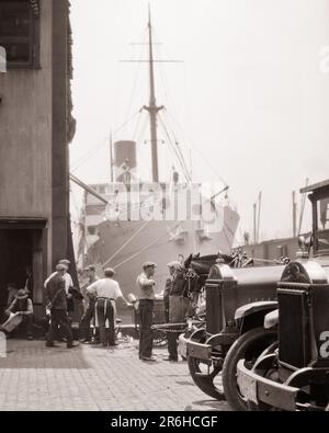 1930s NEW YORK CITY HARBOR FERRY BOAT WITH TWO SMOKE STACKS VIEWED FROM ...