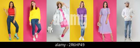 Collage with photos of people wearing trendy clothes on different color ...