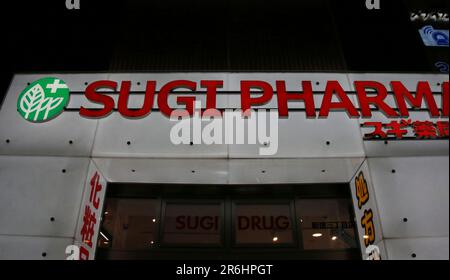 The logo of SUGI PHARMACY is seen in Shinjuku Ward, Tokyo on June 15 ...