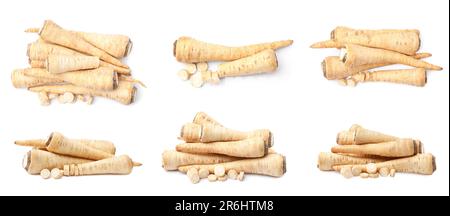 Collage with whole and cut parsley roots on white background Stock ...