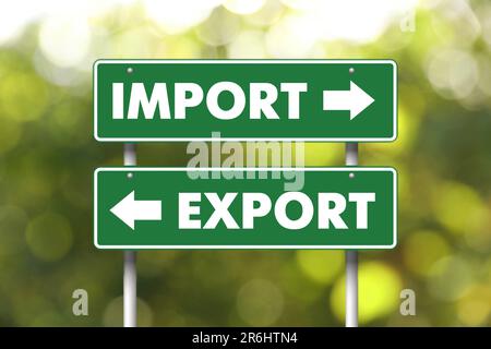 Road sign with Import and Export words on arrows pointing in opposite ...