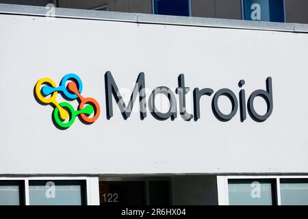 Matroid sign, logo of a computer vision company on the exterior facade ...