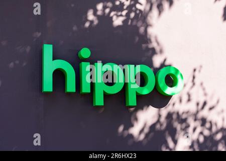 Hippo sign, logo on headquarters building of an American property ...