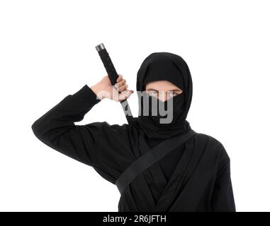 Male ninja with sword on white background Stock Photo - Alamy