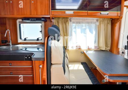 Camper van, rv, caravan interior, inside view of motorhome for family ...