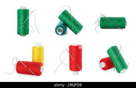 Collage with colorful sewing threads and needles on white background ...