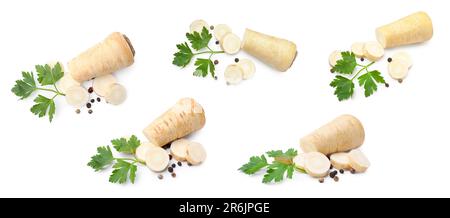 Collage with whole and cut parsley roots on white background Stock ...