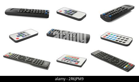 Collage of different remote controllers on white background, top and ...