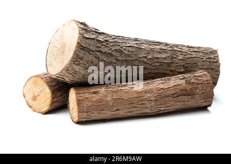 Three cut willow logs isolated over white background Stock Photo - Alamy