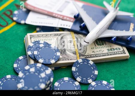 poker chips, money, passport on blackjack table, casino Stock Photo - Alamy