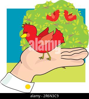 A bird in the hand is worth two in the bush. Vector illustration ...