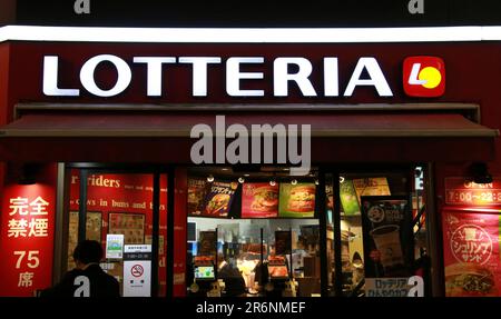 The logo of Lotteria is seen in Shinjuku Ward, Tokyo on June 15, 2022 ...