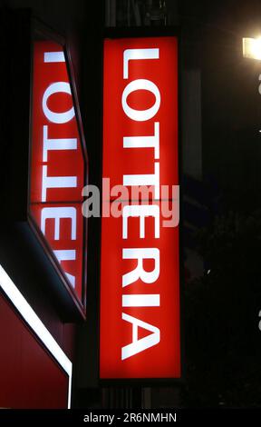 The logo of Lotteria is seen in Shinjuku Ward, Tokyo on June 15, 2022 ...