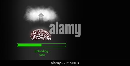 Mind uploading, Brain upload concept. Data and information are uploaded to the cloud system with ...