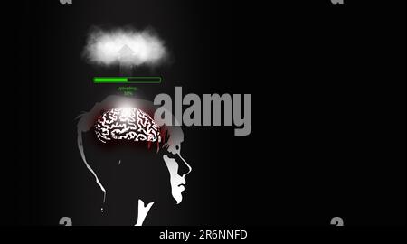 Mind uploading, Brain upload concept. Data and information are uploaded ...